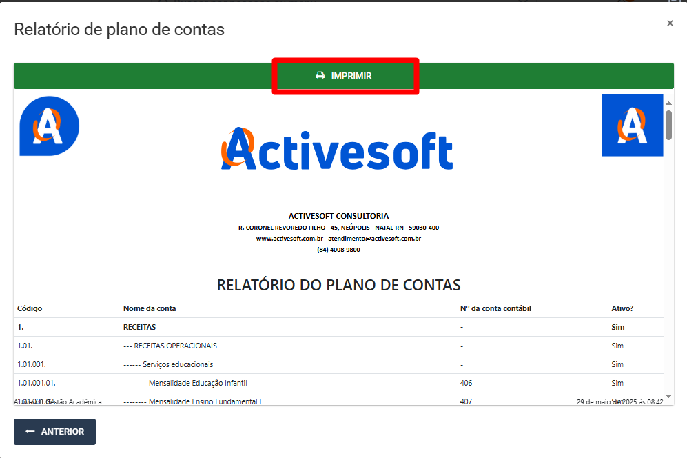Emissão do relatório do plano de contas – Activesoft